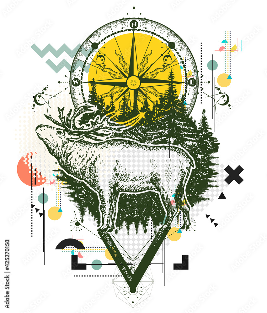 Reindeer and compass. dventure, travel and outdoors symbols. Zine ...