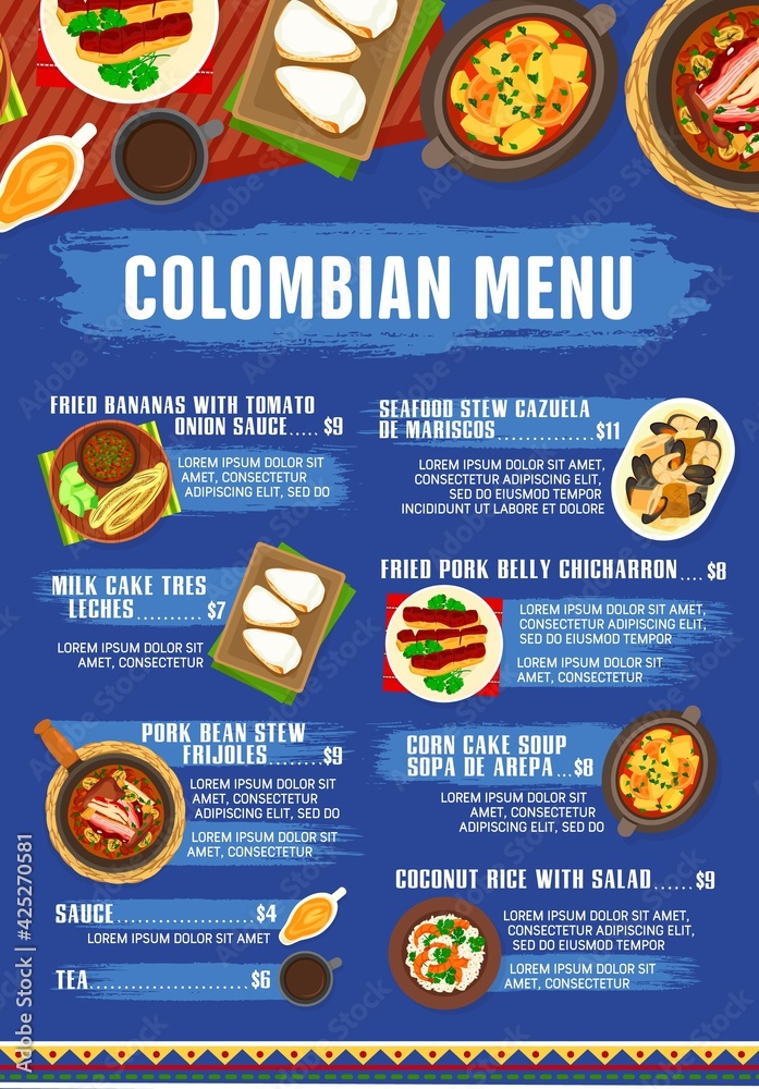 Colombian cuisine vector menu pork bean stew frijoles, seafood stew ...