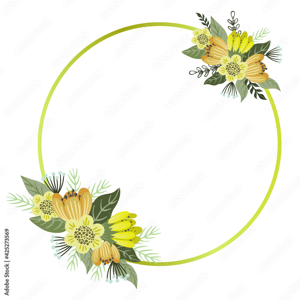 Vector floral frame, cute hand drawn flowers with golden circle frame ...
