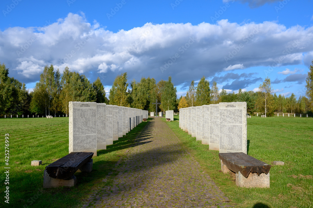 Alley of steles with the names of the buried at the German military cemetery at the Memorial ...