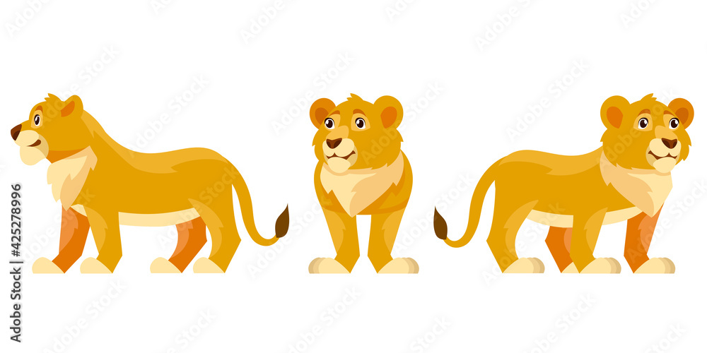 Lion cub in different poses. African animal in cartoon style. Stock ...