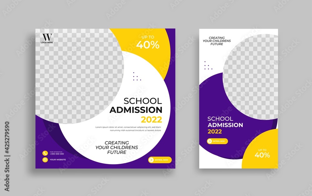 School admission Editable minimal square banner template. Yellow purple ...