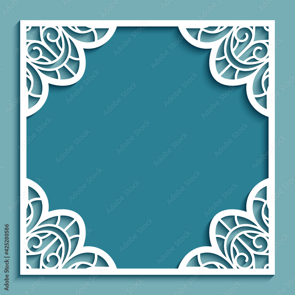 Square frame with corner lace ornaments, paper cut decor, stencil ...