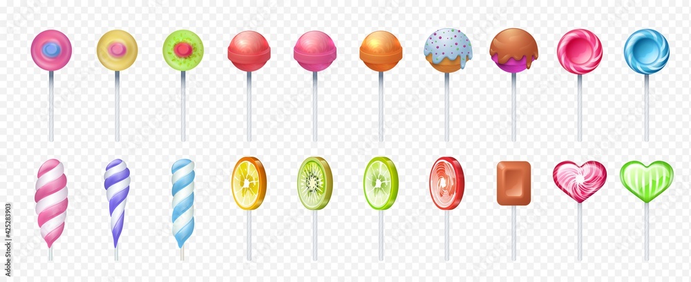 Lollipop. Realistic round and spiral sweet lolly candies. Sugar food on ...