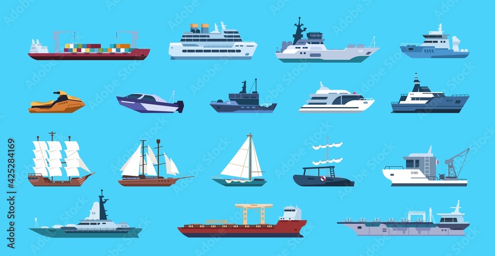 Boats. Cartoon nautical ships. Passenger or cargo vessels and warships ...