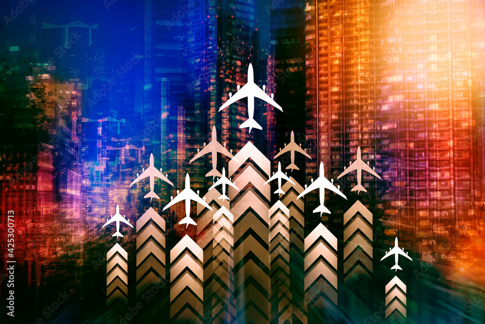Business travel. Planes on a downtown backdrop symbolize corporate ...
