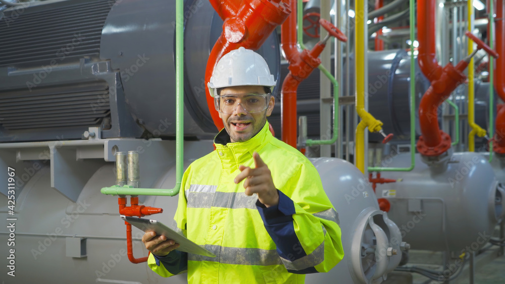 An engineer man or worker, people talking on webcam video call ...