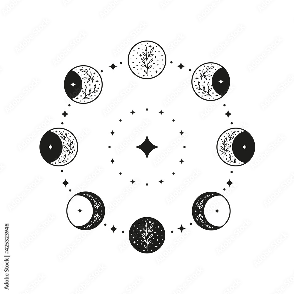 Hand drawn black celestial moon phases in circle. Stock Vector | Adobe Stock
