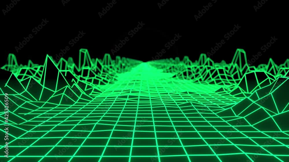 80s Retro Style CGI Animation.Green Grid Neon Landscape and a Depth of ...