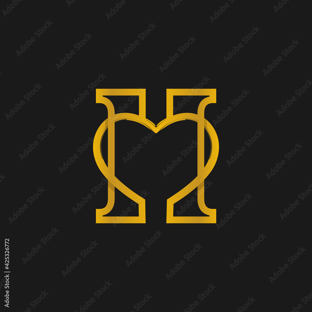 Outlined Letter H with heart logo in doodle style - line art design ...