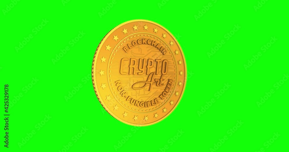 NFT Crypto art isolated gold coin on green screen loopable background ...