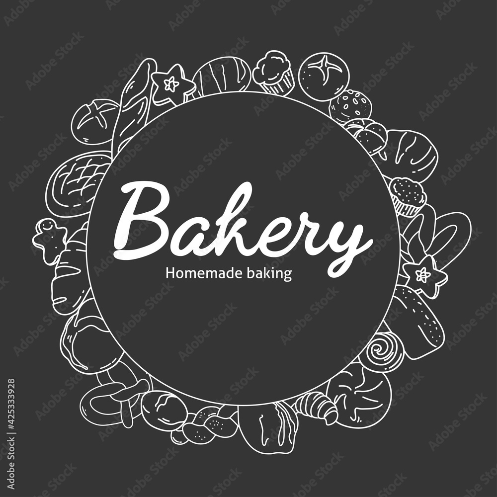 Poster with bakery products. Various types of bread, sweet pastries are ...