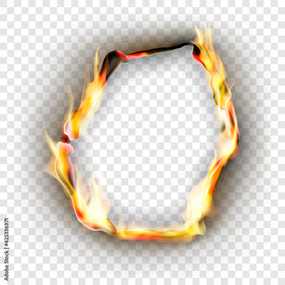 Burning torn hole in paper sheet with brown edges and flames . Vector ...