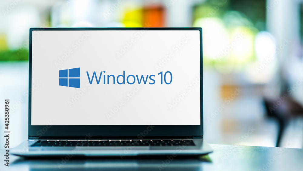 Laptop computer displaying logo of Windows 10 Stock Photo | Adobe Stock