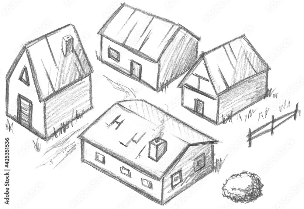 Hand pencil drawn village. Fantasy map creator. Stock Illustration ...