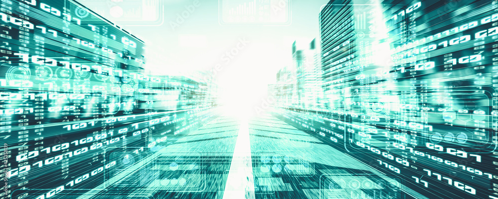 Digital data flow on road with motion blur to create vision of fast ...