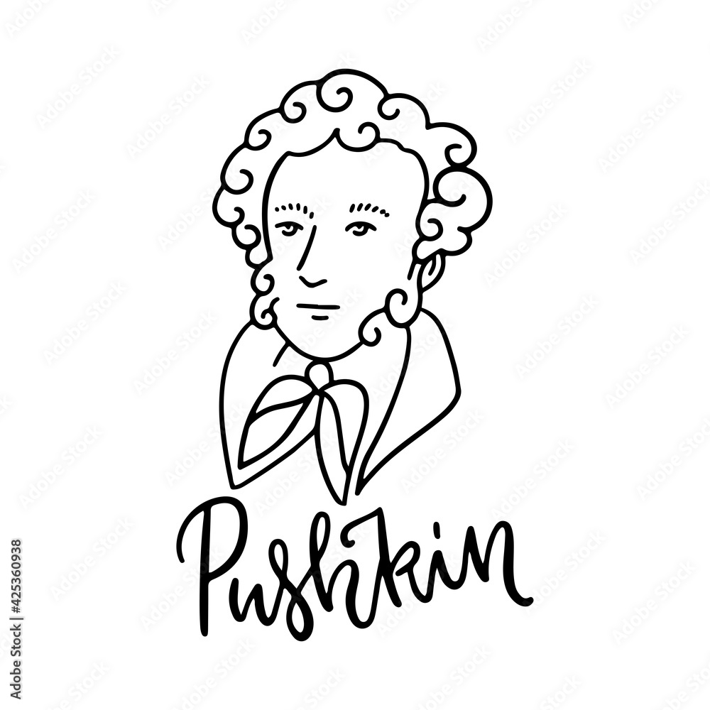 Pushkin sketch linear portrait. Hand drawn Alexander Pushkin face. Line ...