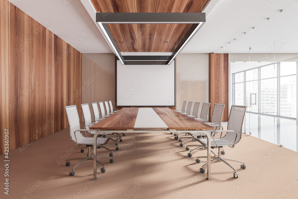Conference room interior with furniture and projection screen ...