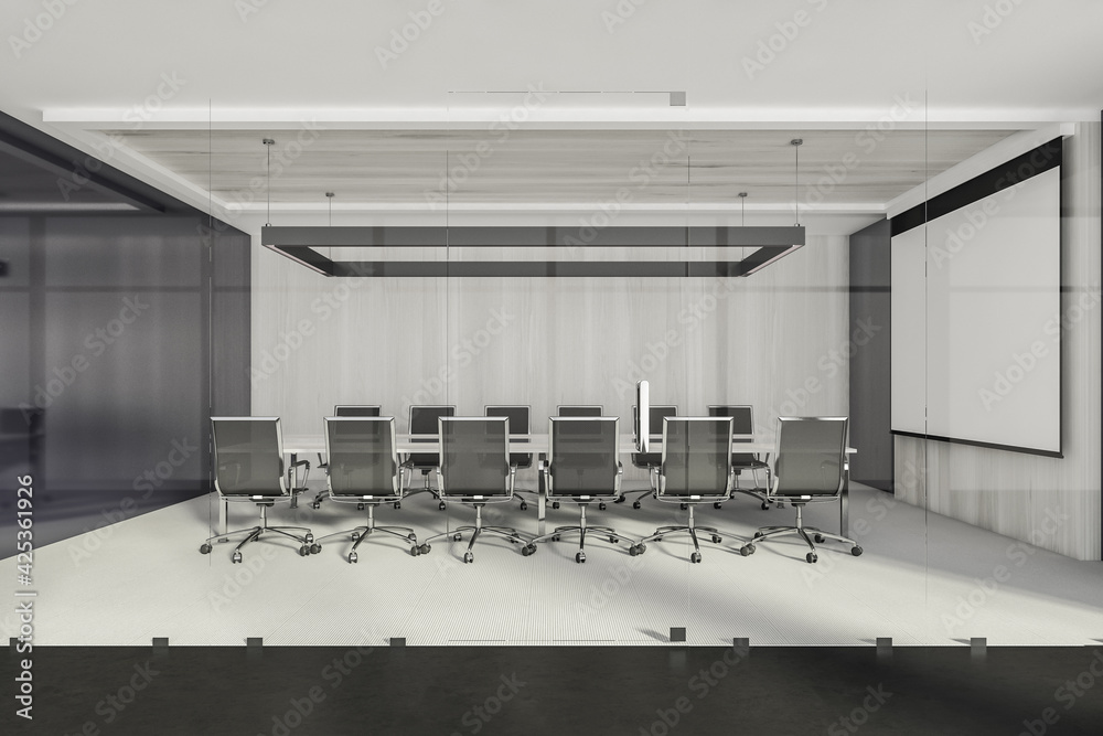 Conference room interior with furniture and projection screen in ...