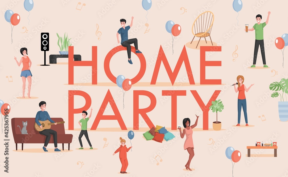 Home party word vector flat banner design. Happy smiling people ...