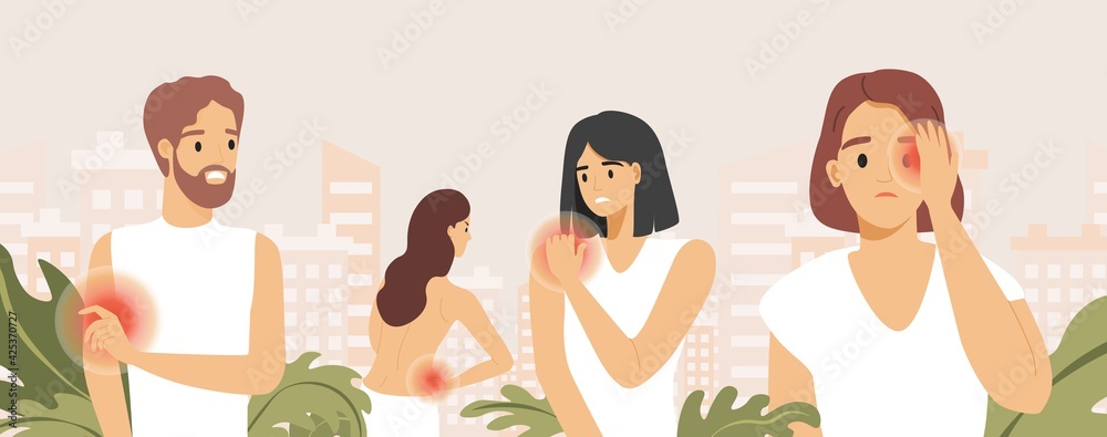 Sad people suffering from pain in different body parts vector flat ...