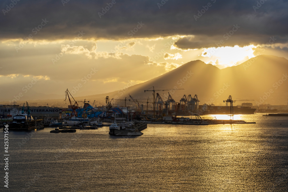 Sunrise on Mount Vesuvius, port of the Gulf of Naples, Italy Stock ...
