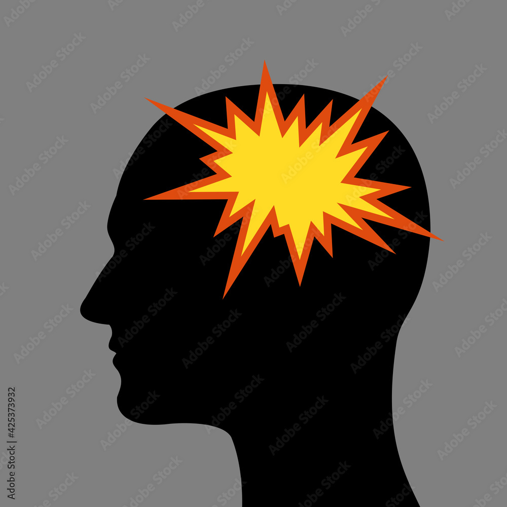Explosion and blow-up in head as brain stroke and mental attack. Vector ...