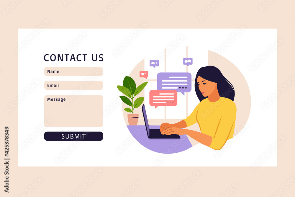 Contact us form template for web. Freelancer girl working at home on ...