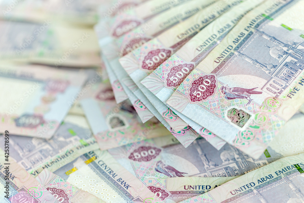 UAE dirhams, five hundred banknotes, paper money, closeup view Stock ...