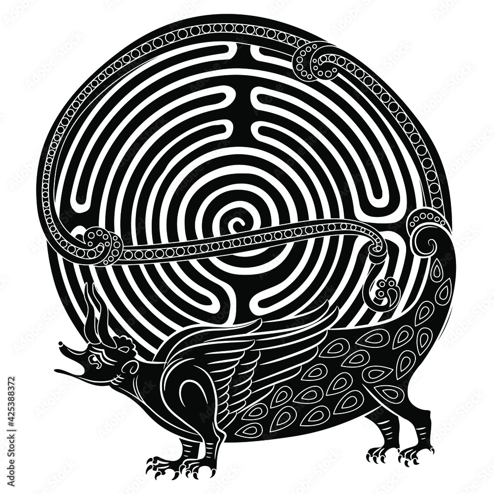 Medieval dragon guarding round spiral maze or labyrinth. Creative ...