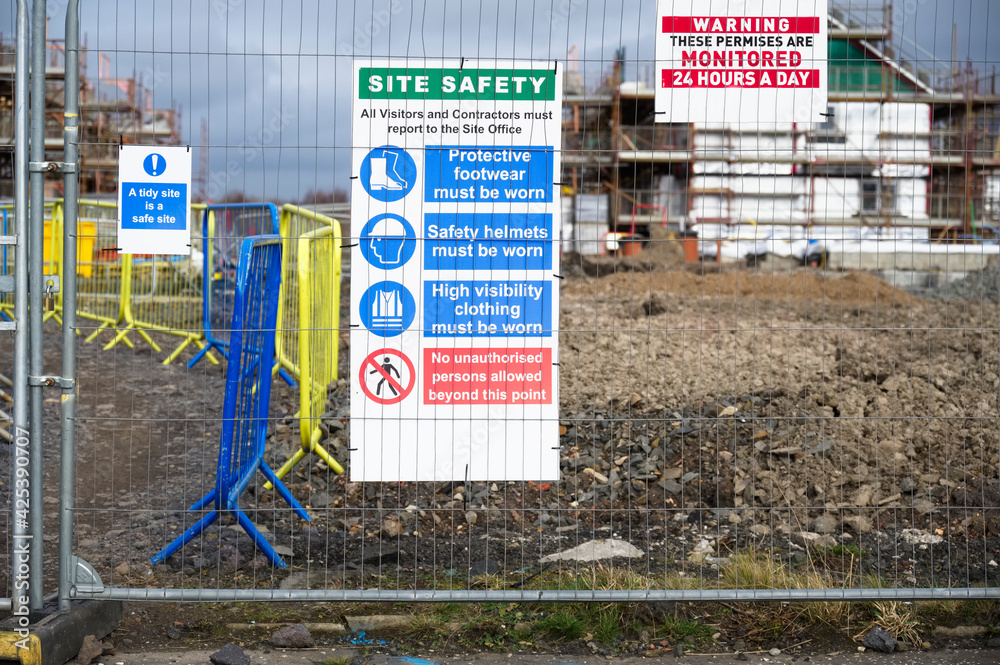 Construction site health and safety message rules sign board signage on ...