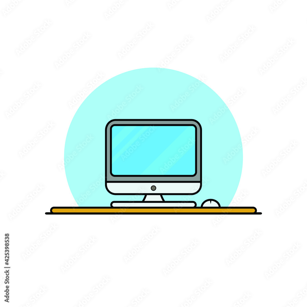 Desktop with blank screen vector icon illustration. Personal computer ...