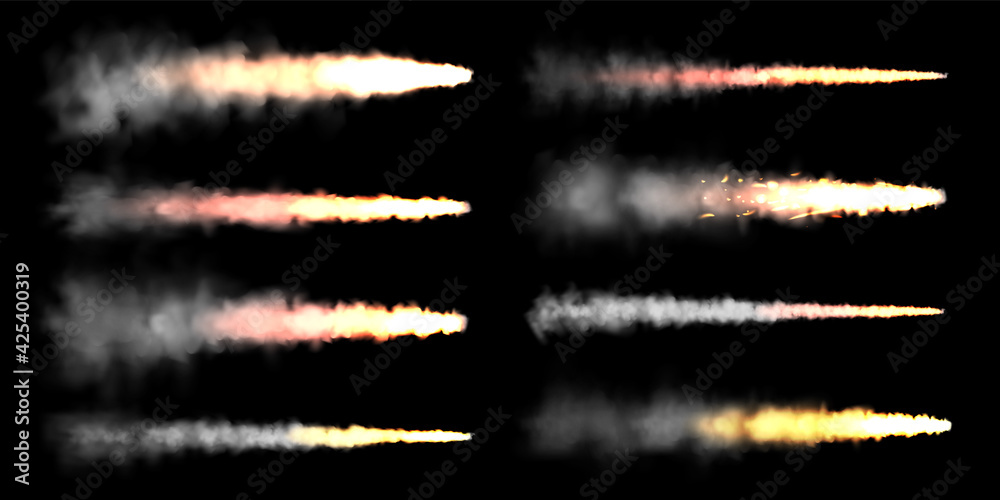 Realistic space rocket launch trails on black background. Fire burst ...