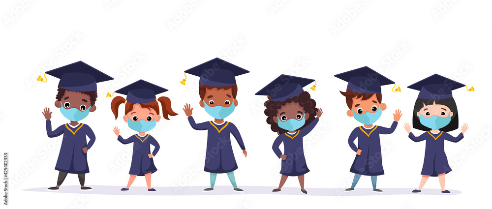Happy graduated children wearing medical masks, academic gown and cap ...