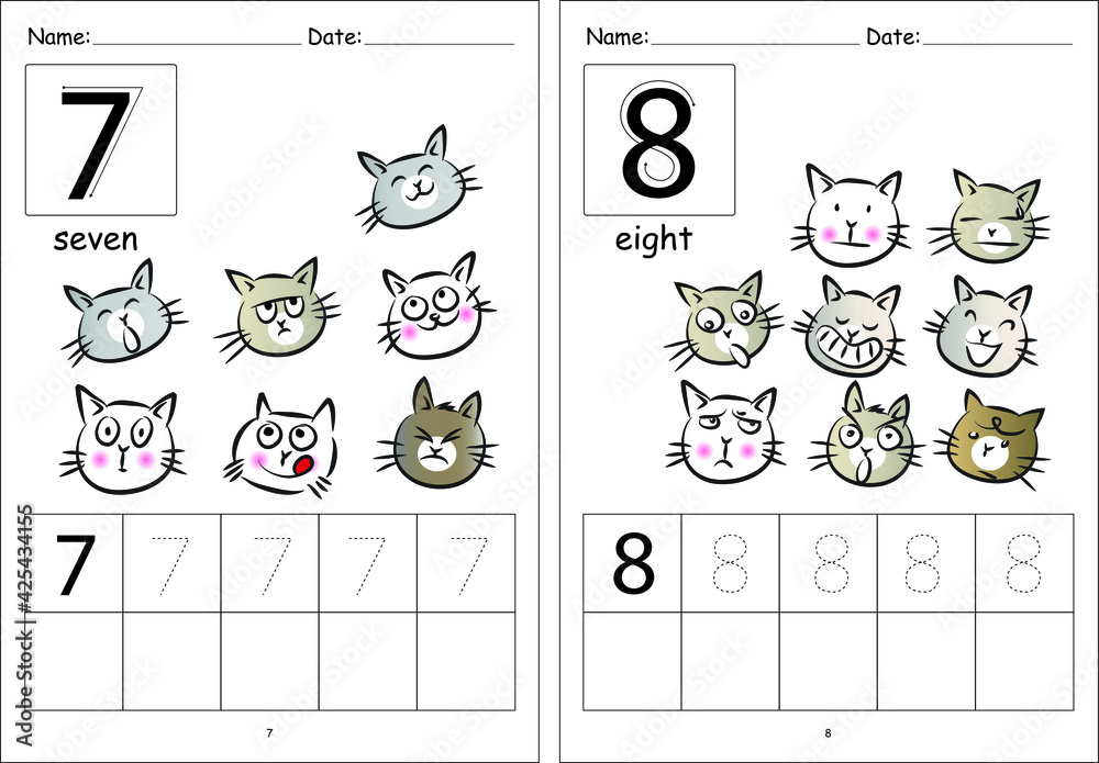 kindergarten Pre school number 1 to 10 writing activity cartoon cats ...