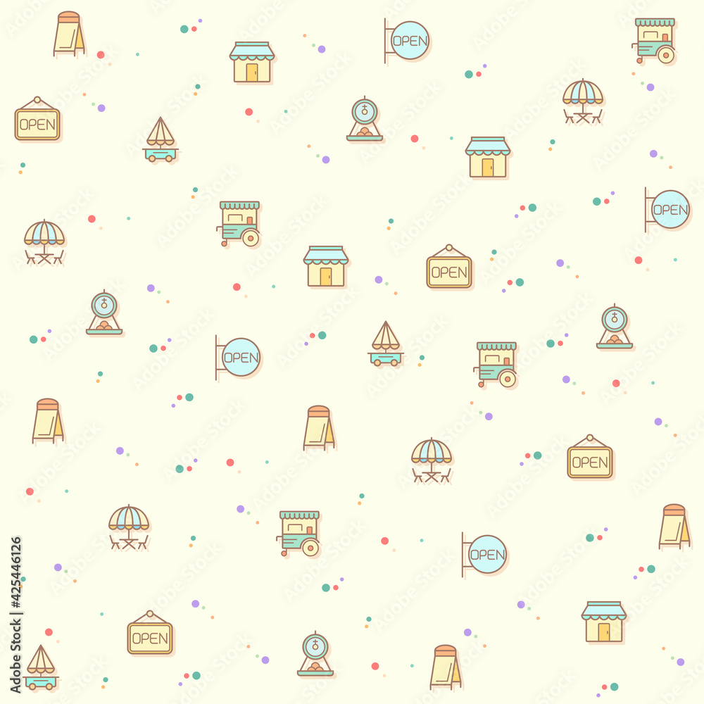 Vector illustration of a cute vendor symbol and store. Collection of ...