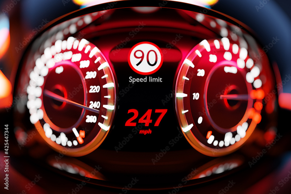 3D illustration of the new car interior details. Speedometer shows a ...