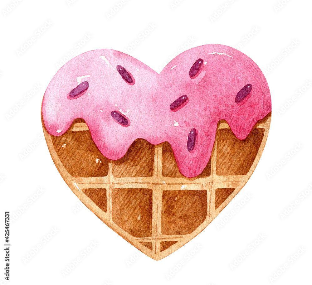 Heart shaped belgian waffle with pink fruit glaze and sprinkles ...