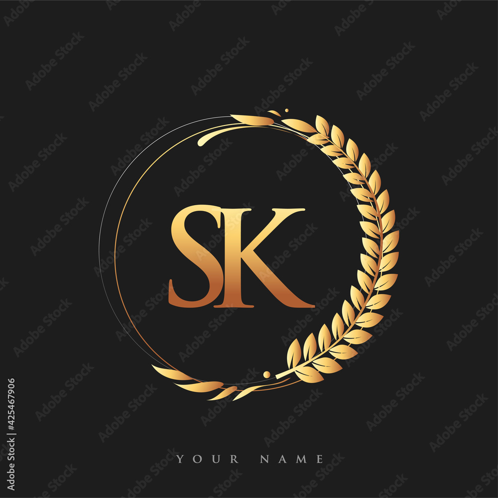 Vetor de Initial logo letter SK with golden color with laurel and ...