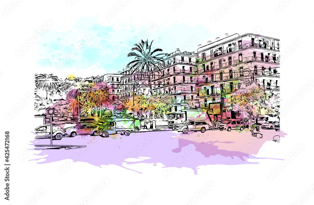 Building view with landmark of Watercolor splash with hand drawn sketch ...