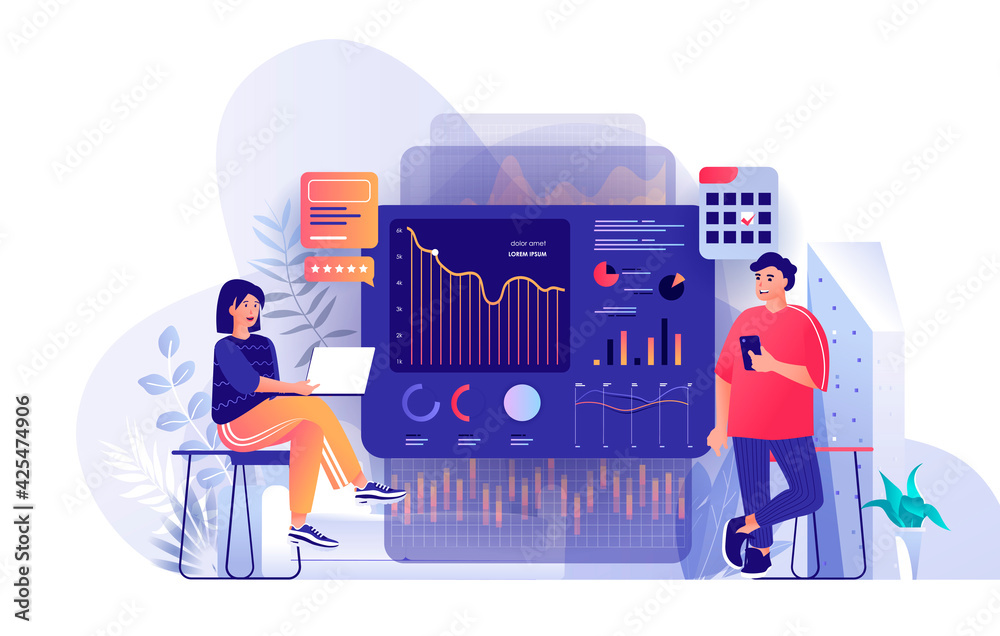 Big Data analysis scene. Man and woman analyzing charts, diagram and ...