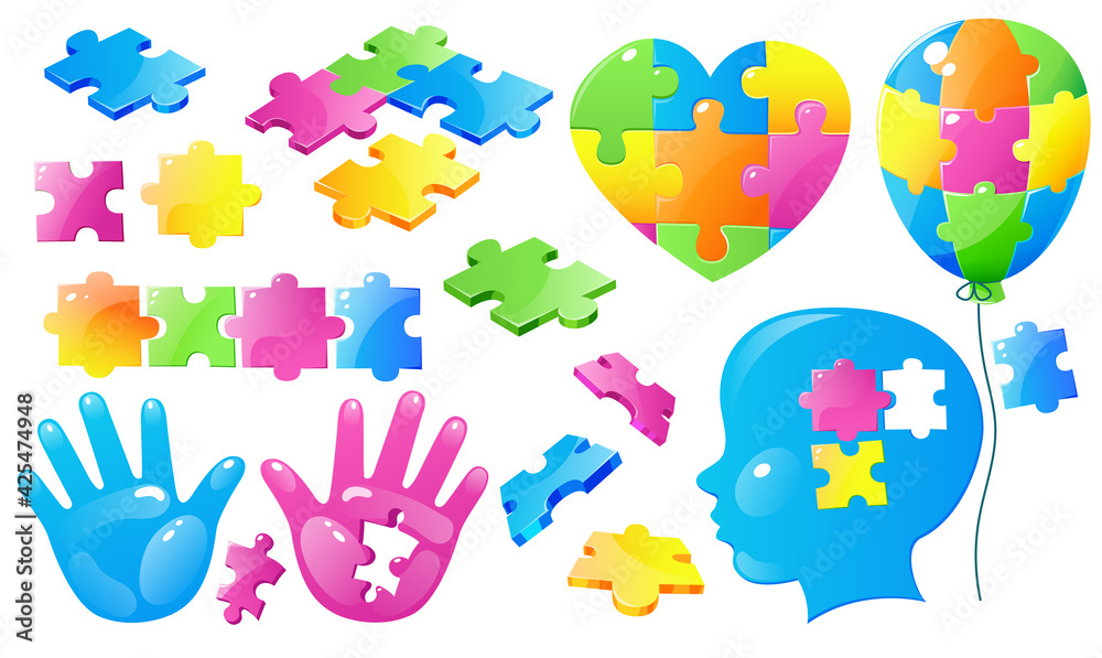 Set autism world day awareness, colorful puzzle pieces, child head and ...