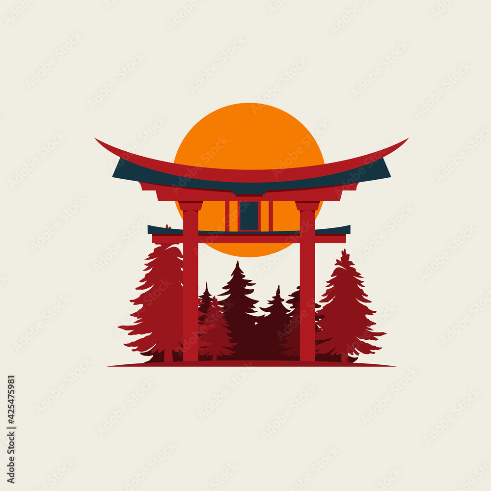 Japanese Torii gate with trees silhouette and sun. Symbol of Japan ...