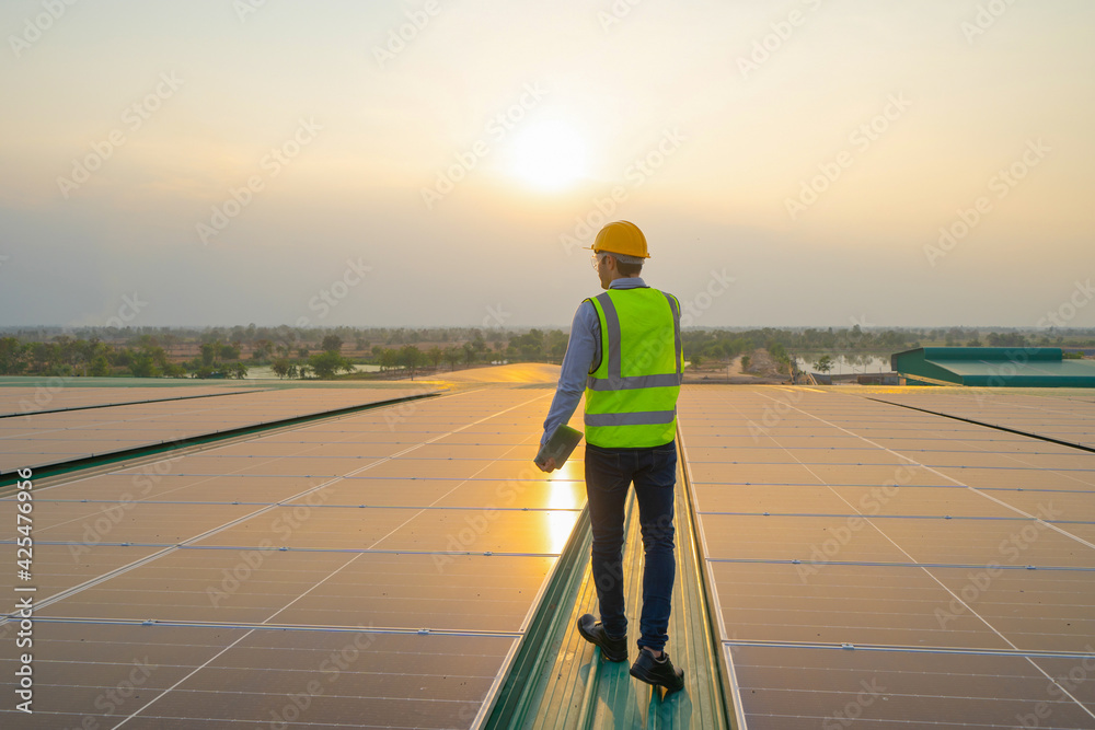 Portrait of engineer man or worker, people, working on solar panels or ...