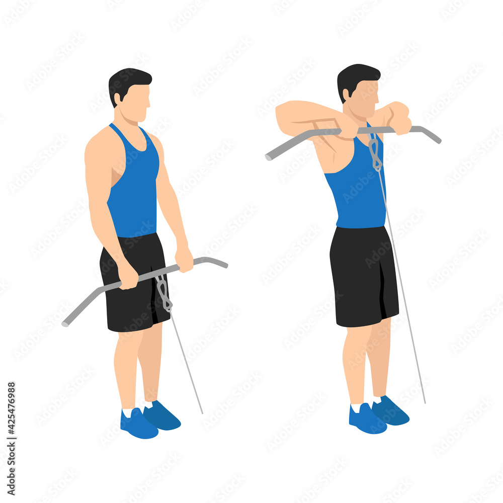 Man doing cable upright rows exercise flat vector illustration isolated ...