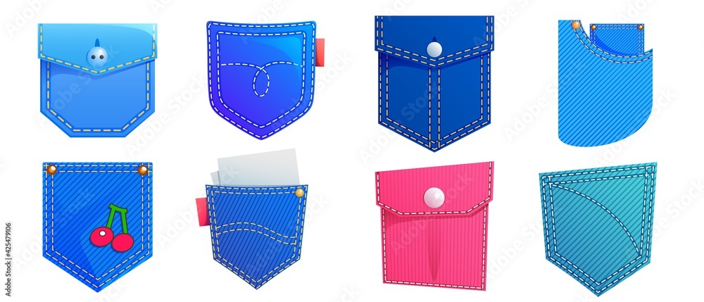 Patch pockets for denim shirt and pants. Vector cartoon set of ...