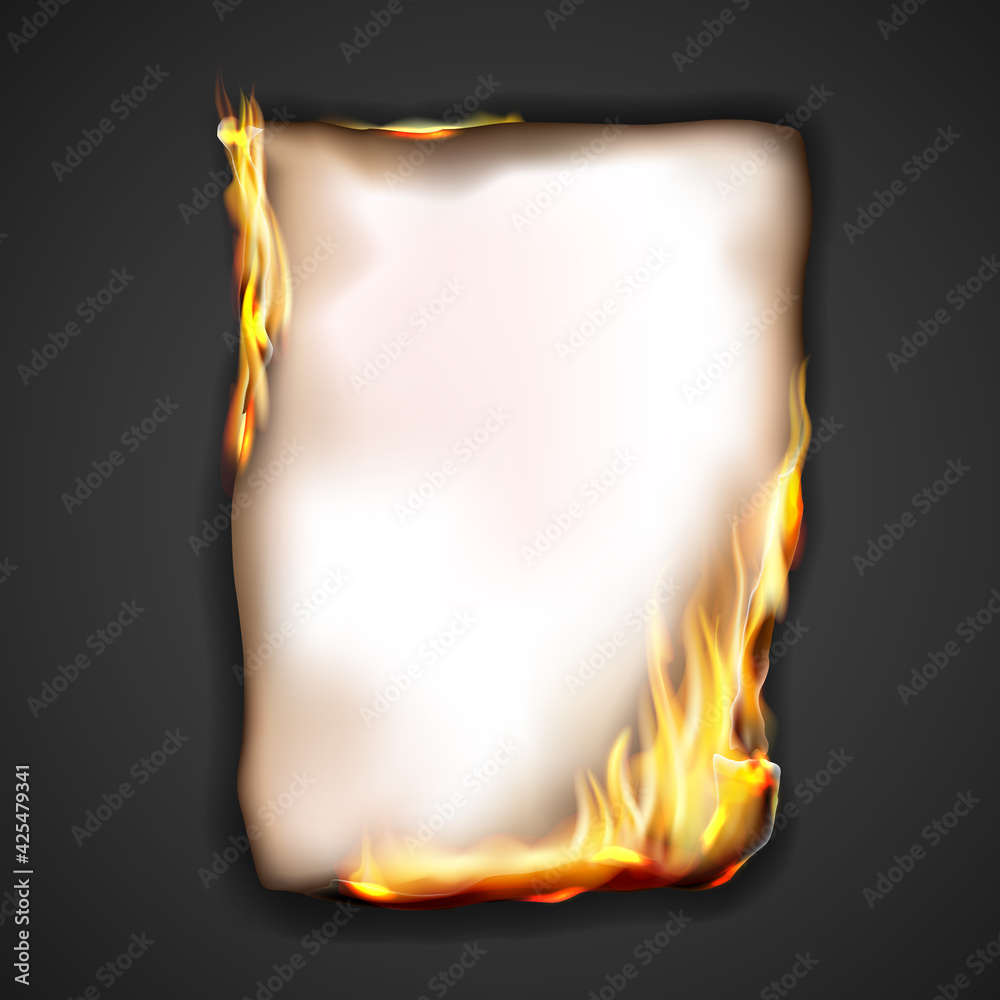 Paper burning in fire flame, realistic vector burnt paper with sparks ...