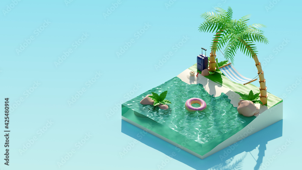 Beach scene 3d render elements on the blue background. 3d isometric ...