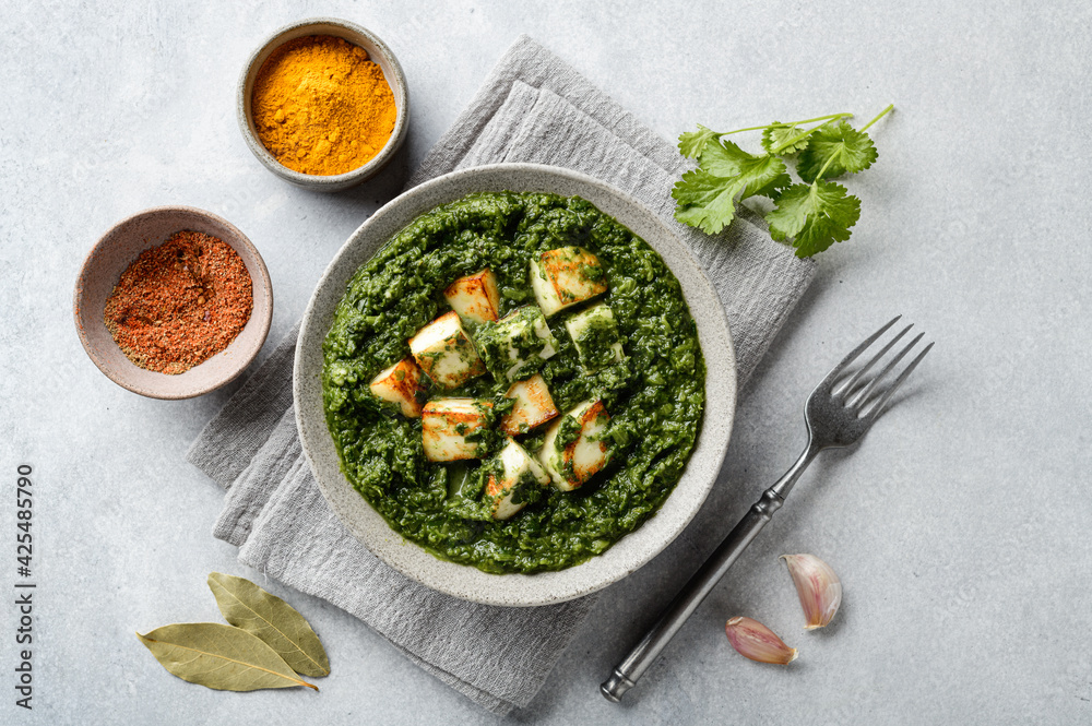 Palak Paneer indian traditional food on concrete background, top view ...