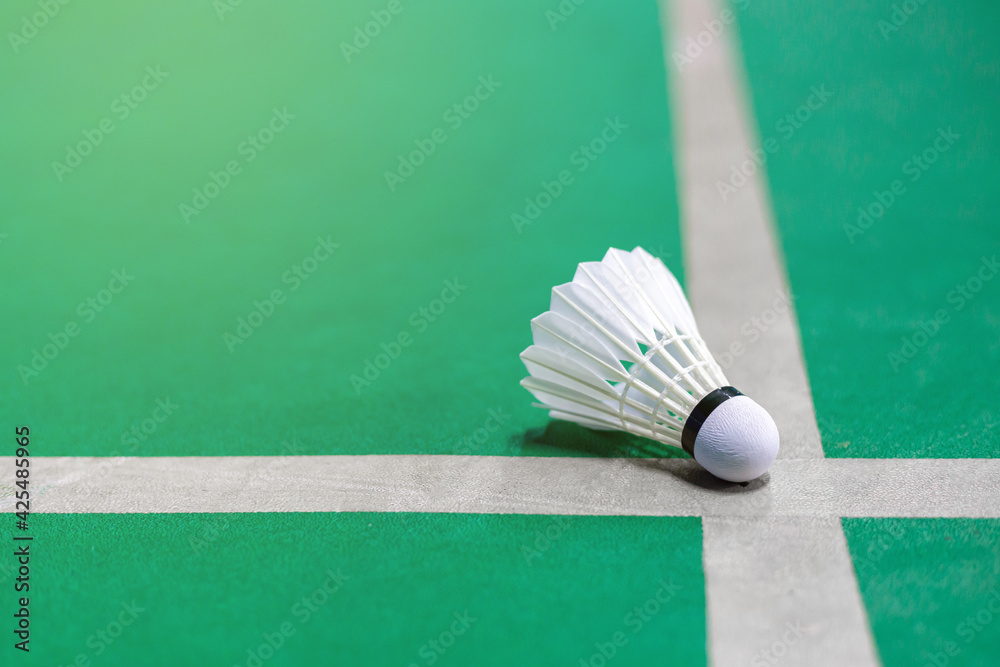 White badminton shuttlecock on white line on green background badminton ...
